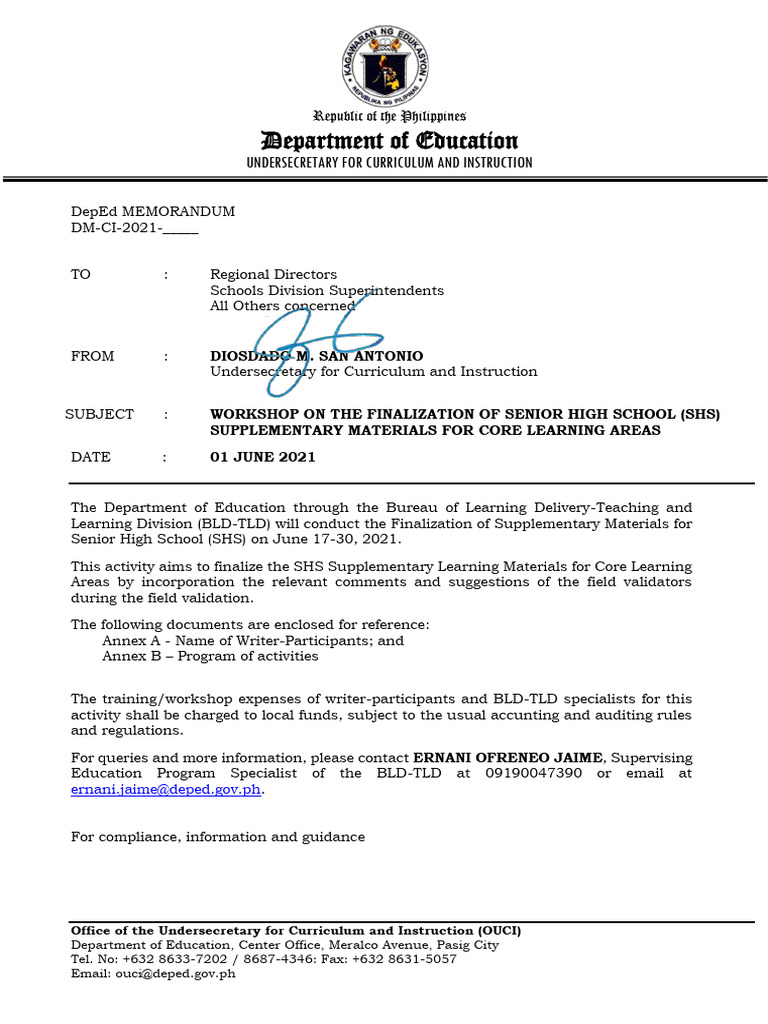 SHS FInalization - Memo.Final | PDF | Metro Manila | Government