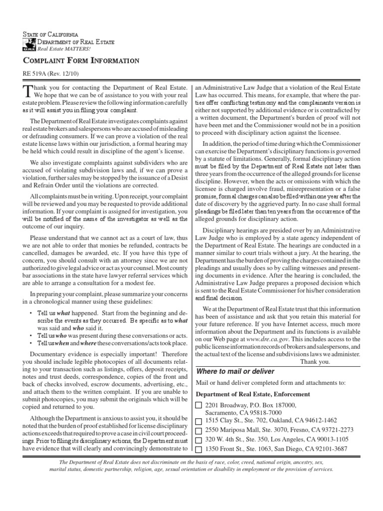 Re 519 | PDF | Real Estate Broker | Complaint