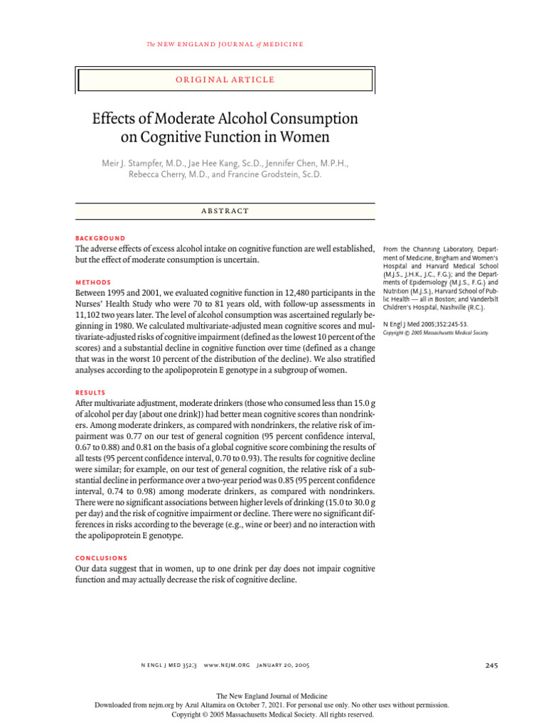Effects of Moderate Alcohol Consumption On Cognitive Function in Women ...