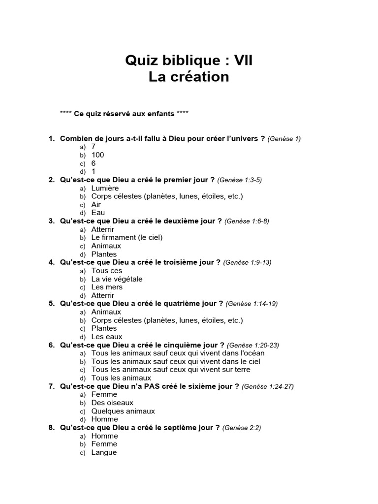 Quiz biblique sur la création pour enfants | PDF | Création (Bible ...