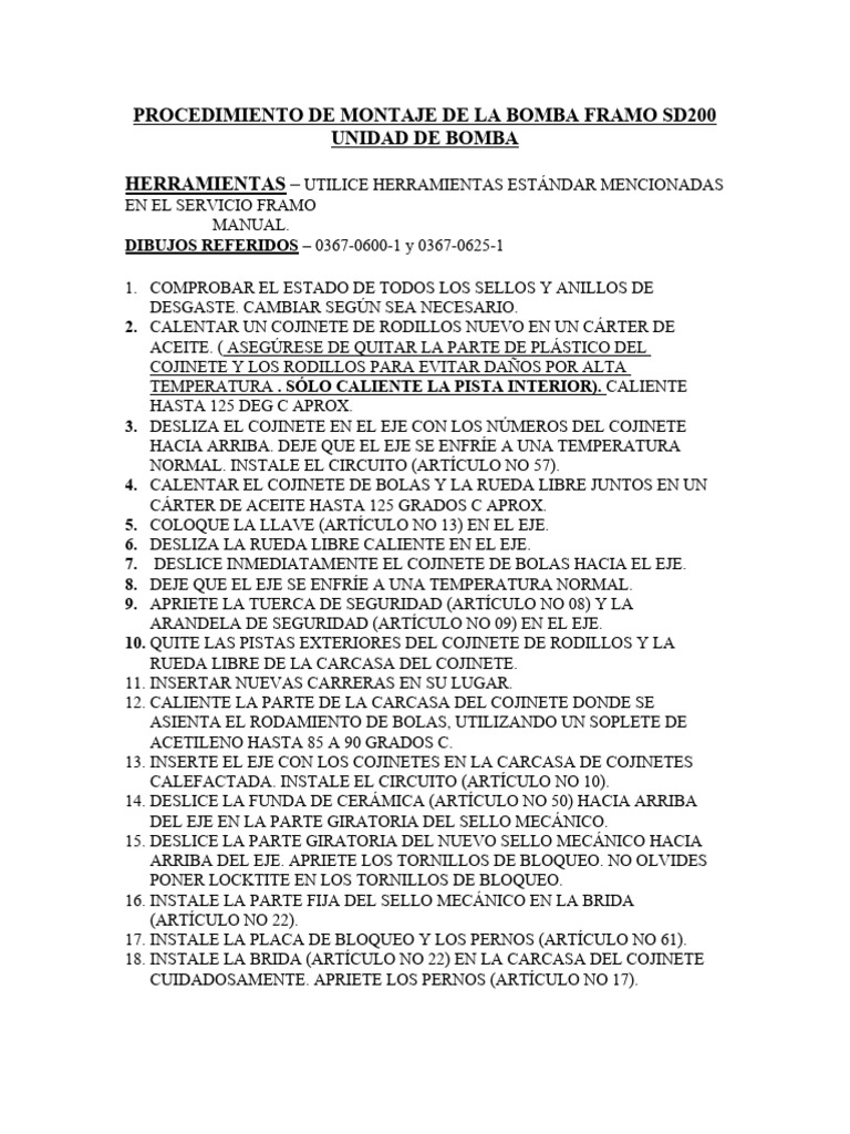Procedimiento de Montaje de La Bomba Framo Sd200 | PDF | Rodamiento ...