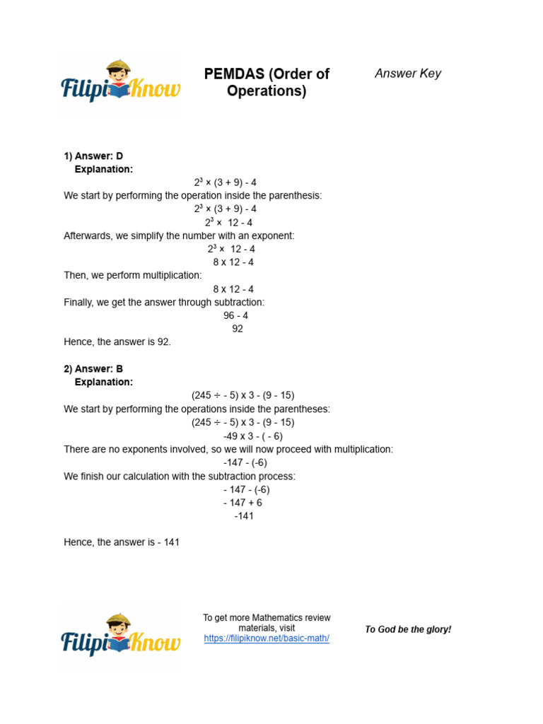 Pemdas Answer Key | PDF | Mathematical Notation | Computer Programming