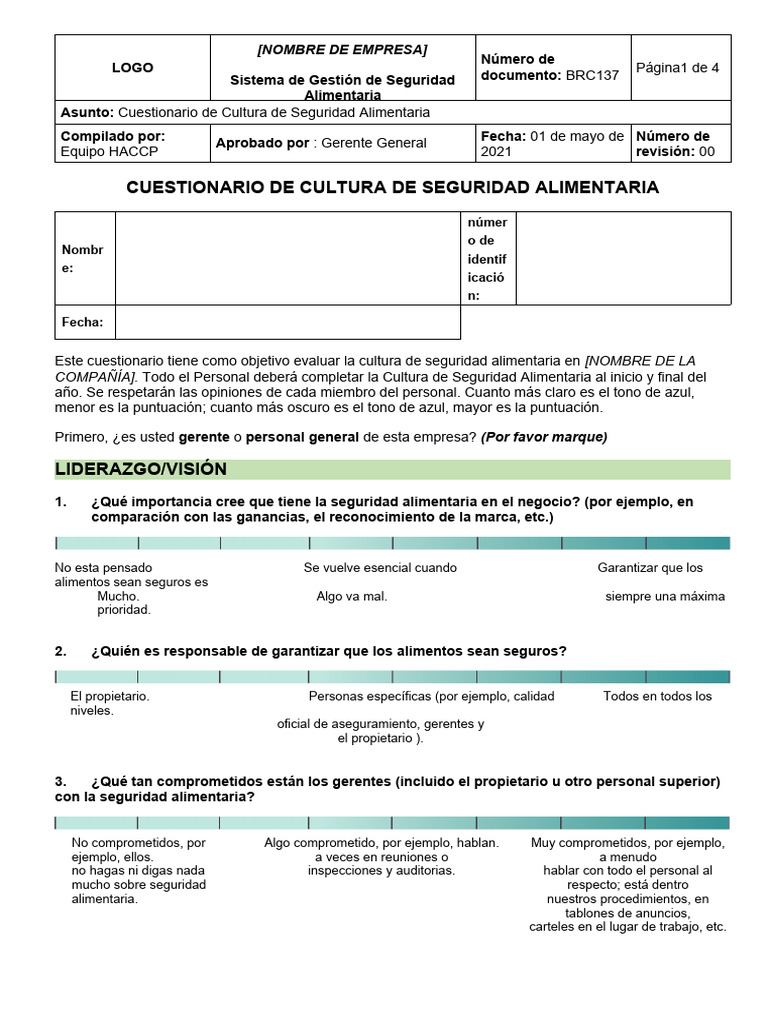 Cuestionario BRC Sobre Cultura de Seguridad Alimentaria | Descargar gratis PDF | Seguridad ...