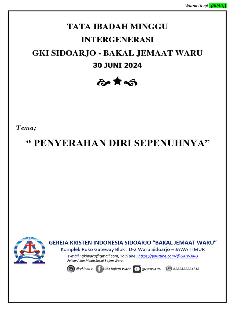 0630 Liturgi Ibadah Minggu Intergenerasi 30 Juni 2024-Siap Cetak | PDF