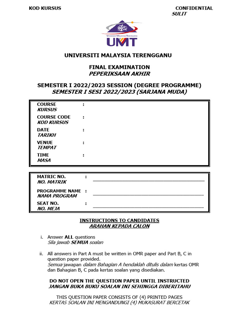 Contoh Format Kertas Soalan Ujian Bertulis UMT (1) | PDF