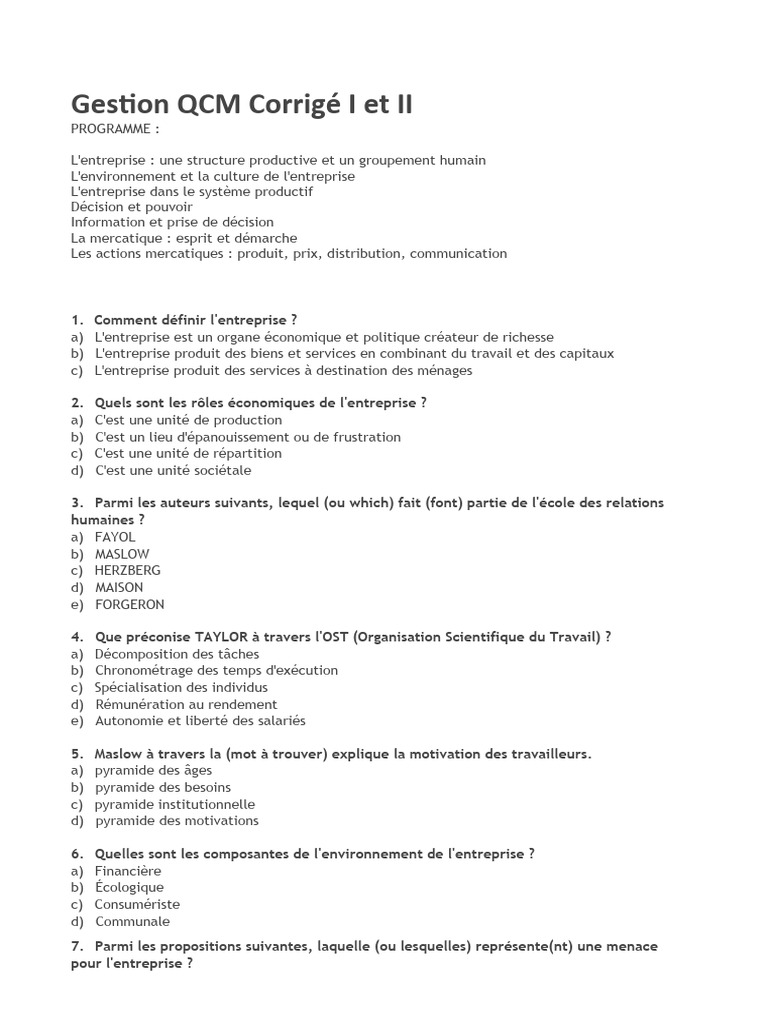 Gestion des entreprises : QCM et corrigés | PDF | Business | Culture d ...
