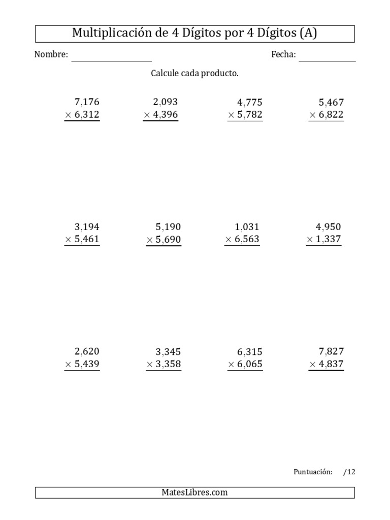Ejercicios de Multiplicación 4x4 | PDF | Multiplicación | Lógica matemática