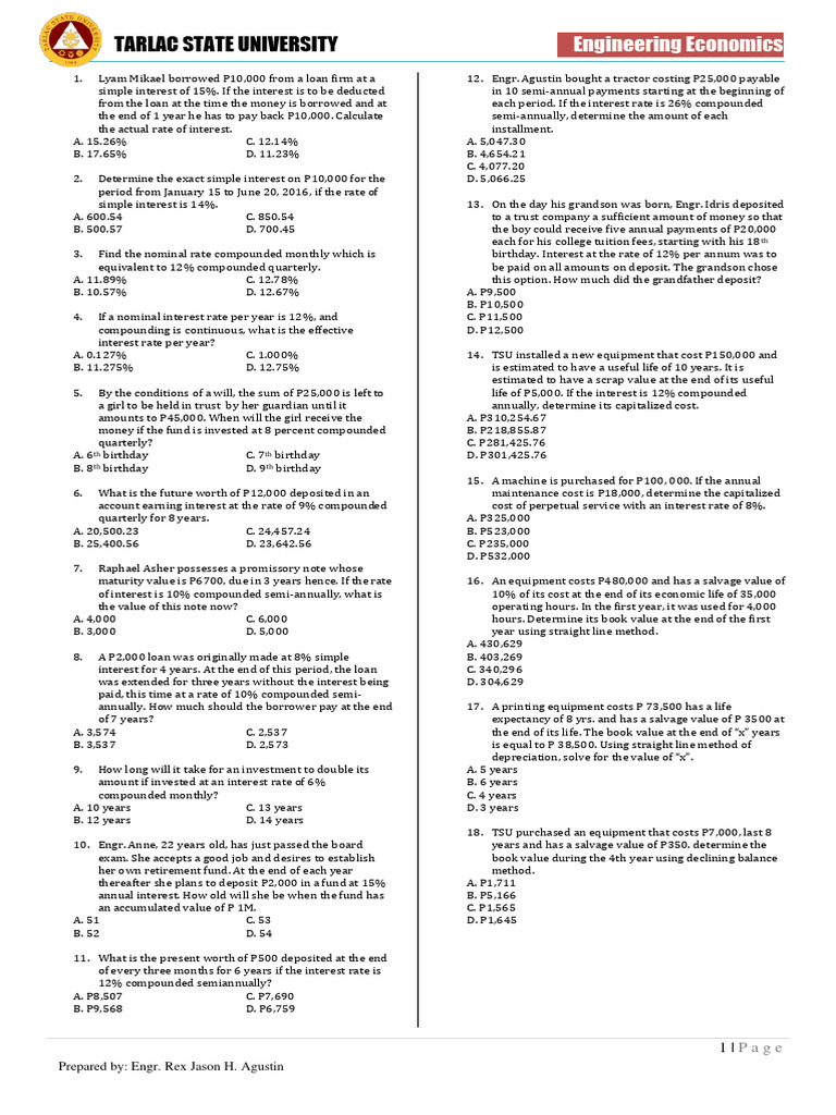 Engineering Economics Practice Problems | PDF | Interest | Depreciation