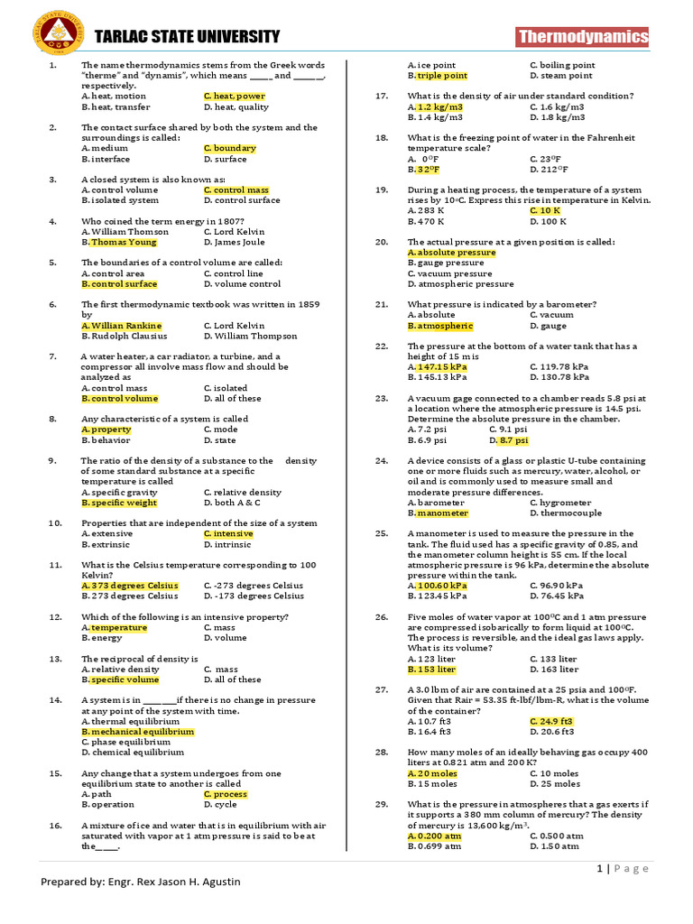 Thermodynamics TSU Handouts | PDF | Temperature | Thermodynamics