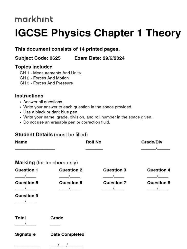 Physics CHP 1 Theory QP | PDF