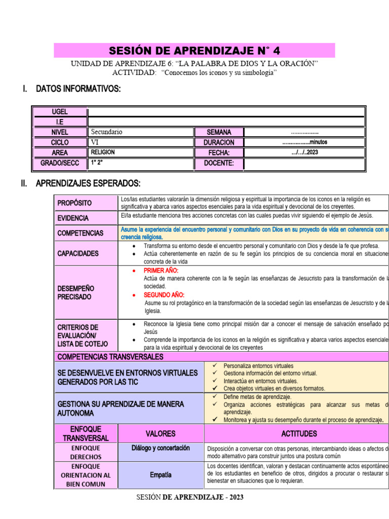 Sesion Religion 1°2° Sec-Semana 04 Uni 6 | PDF | Aprendizaje | Fe