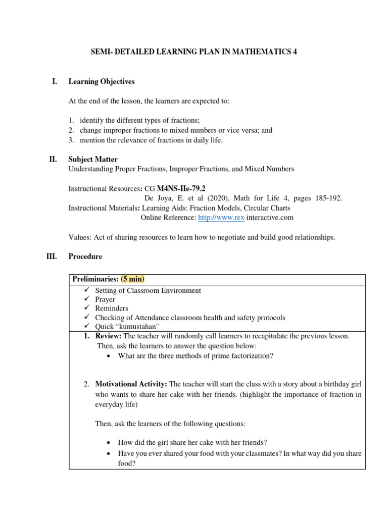 Semi - Detailed Learning Plan in Mathematics 4 | PDF | Learning | Cognition