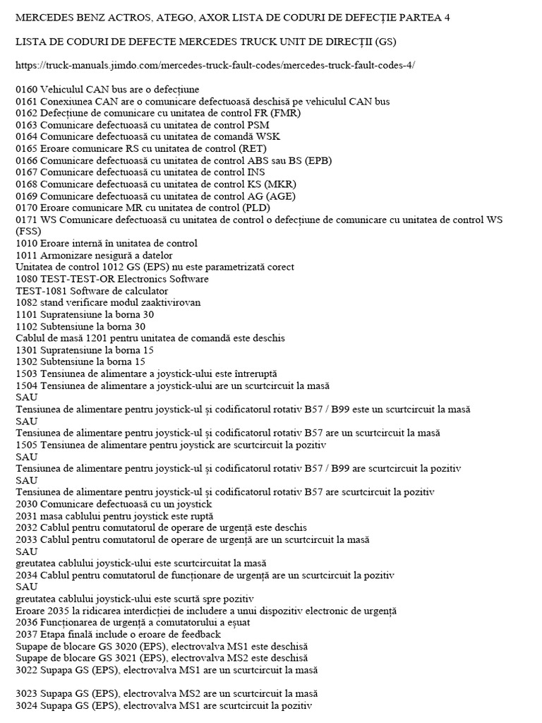 Lista Codurilor de Eroare Ale Camioanelor Mercedes Benz Actros, Atego, Axor Partea 4 | PDF