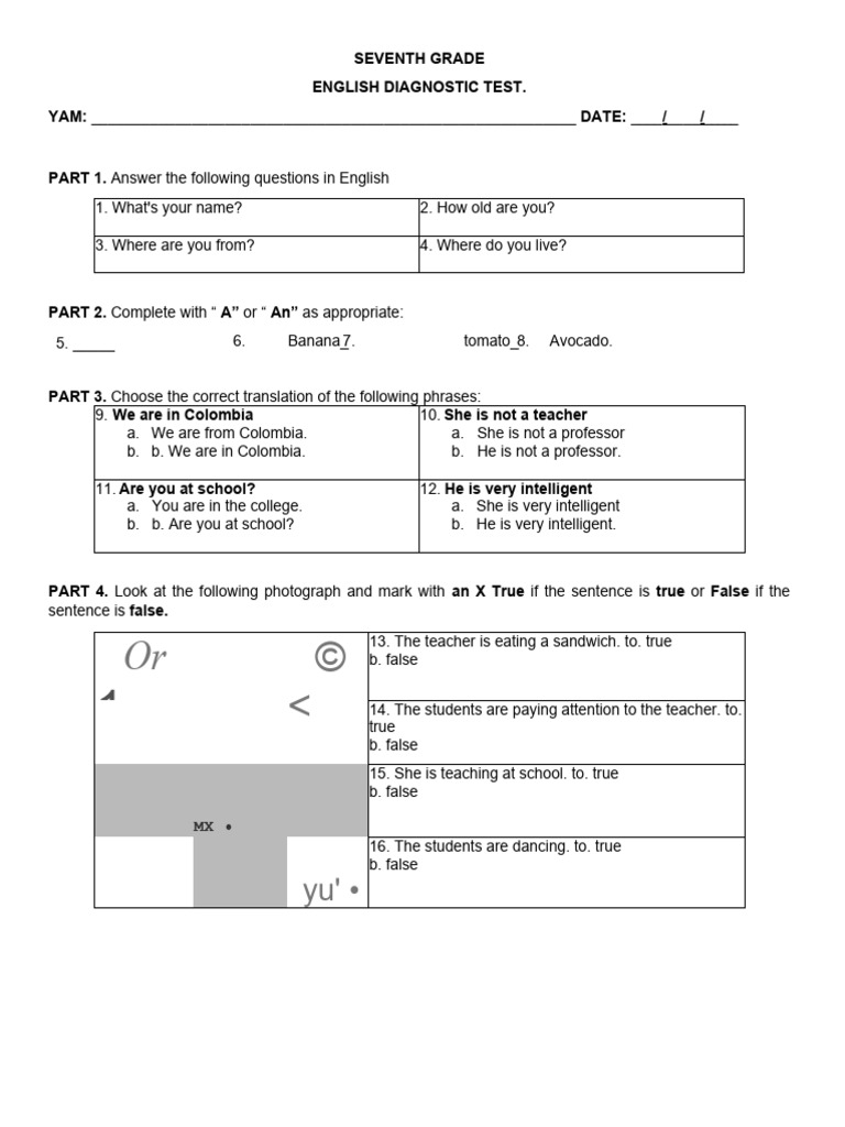 7th English Diagnostic Test | PDF | Syntax | Linguistics