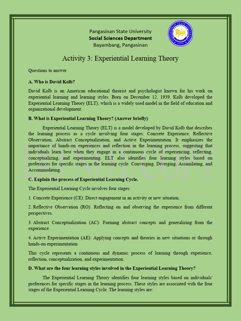 Activity 3 Experiential Learning Theor | PDF | Learning Styles | Learning