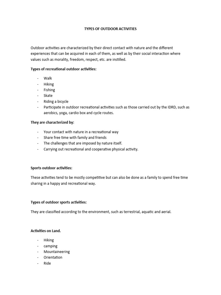 Types of Outdoor Activities Explained | PDF | Outdoor Recreation