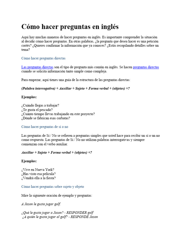 Cómo Hacer Preguntas en Inglés | PDF | Verbo | Asunto (gramática)