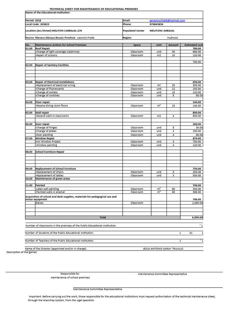 Maintenance Technical Sheet Model 2018 | PDF | Classroom | Electrical ...