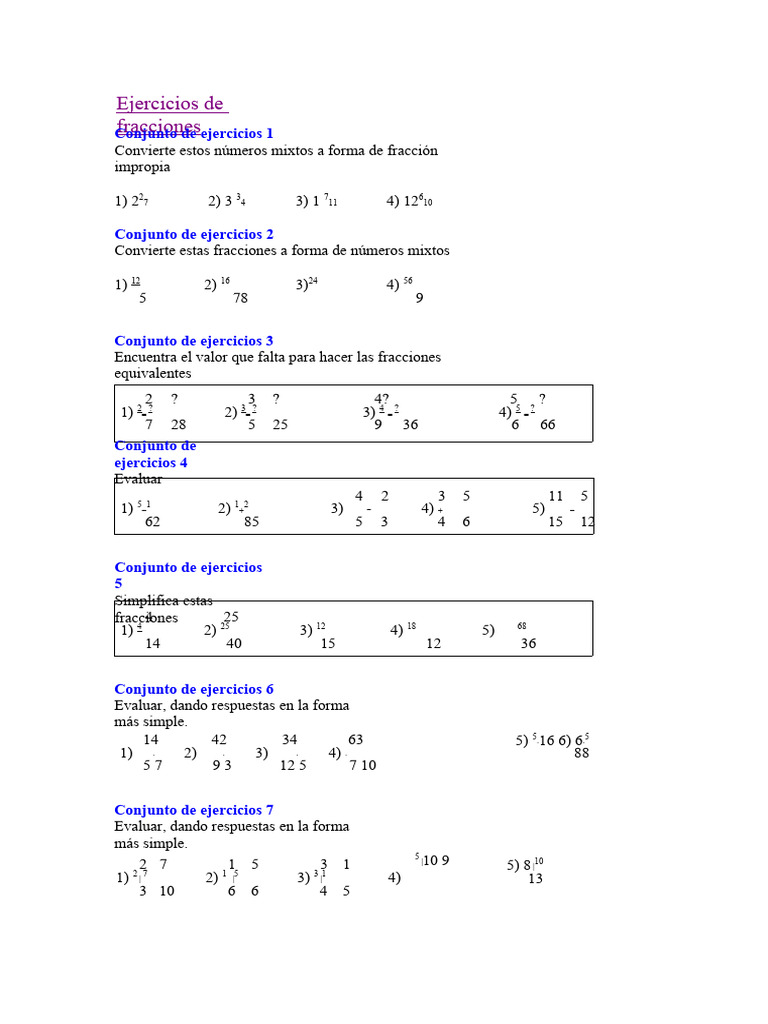 Una Colección Completa de Ejercicios de Fracciones Que Involucran Conversiones, Operaciones y ...