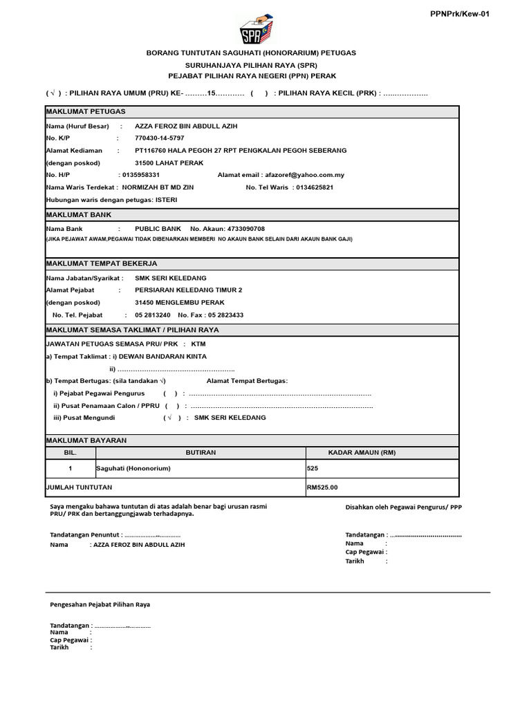 Borang Tuntutan Honorarium SPR Perak | PDF