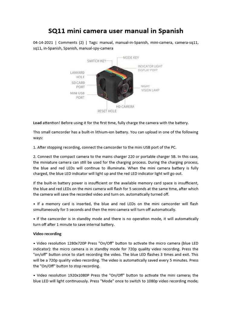 SQ11 Mini Camera Manual in Spanish | PDF | Camera | Flash (Photography)