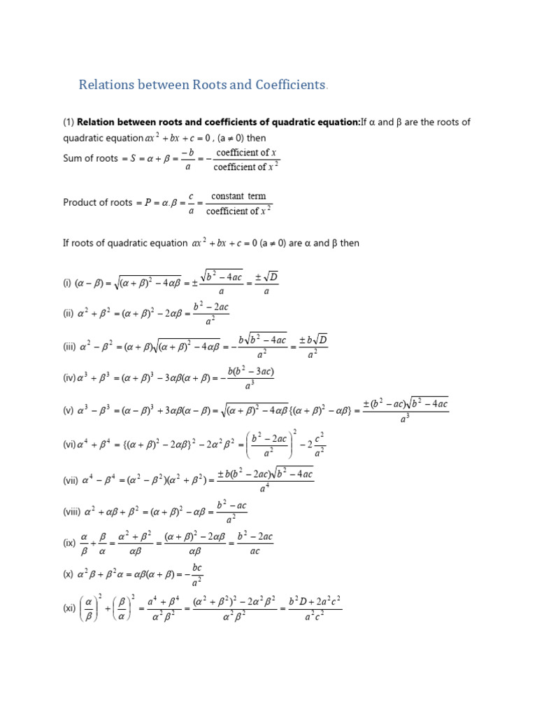 Roots and Coefficients in Quadratics | PDF | Equations | Algebra