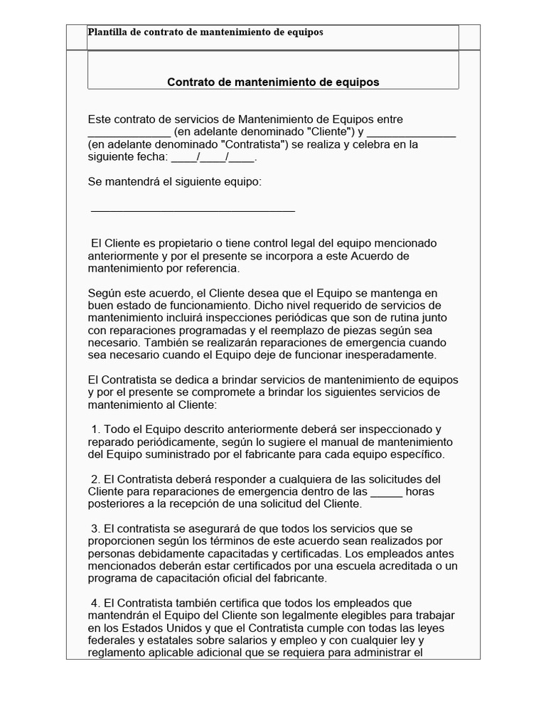 Plantilla de Contrato de Mantenimiento de Equipos | PDF