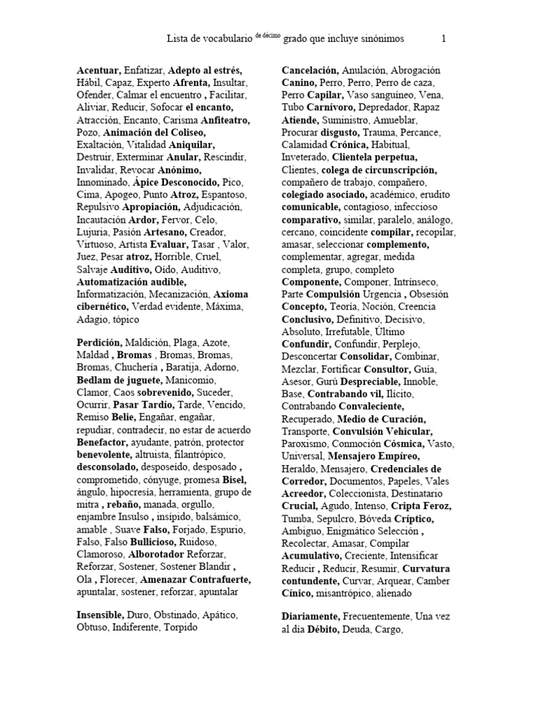 Lista de Vocabulario de Décimo Grado | PDF