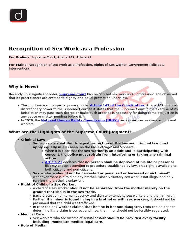 Recognition Of Sex Work As A Profession Why In News Pdf Sex Work Human Trafficking