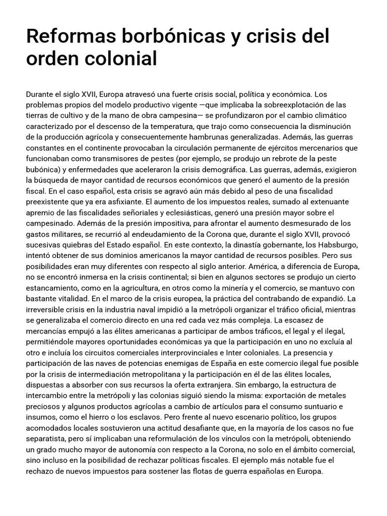 Reformas Borbónicas y Crisis Del Orden Colonial | PDF