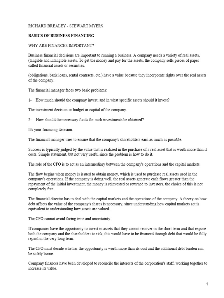 Summary Basics Of Business Financing Pdf Investing Financial Capital