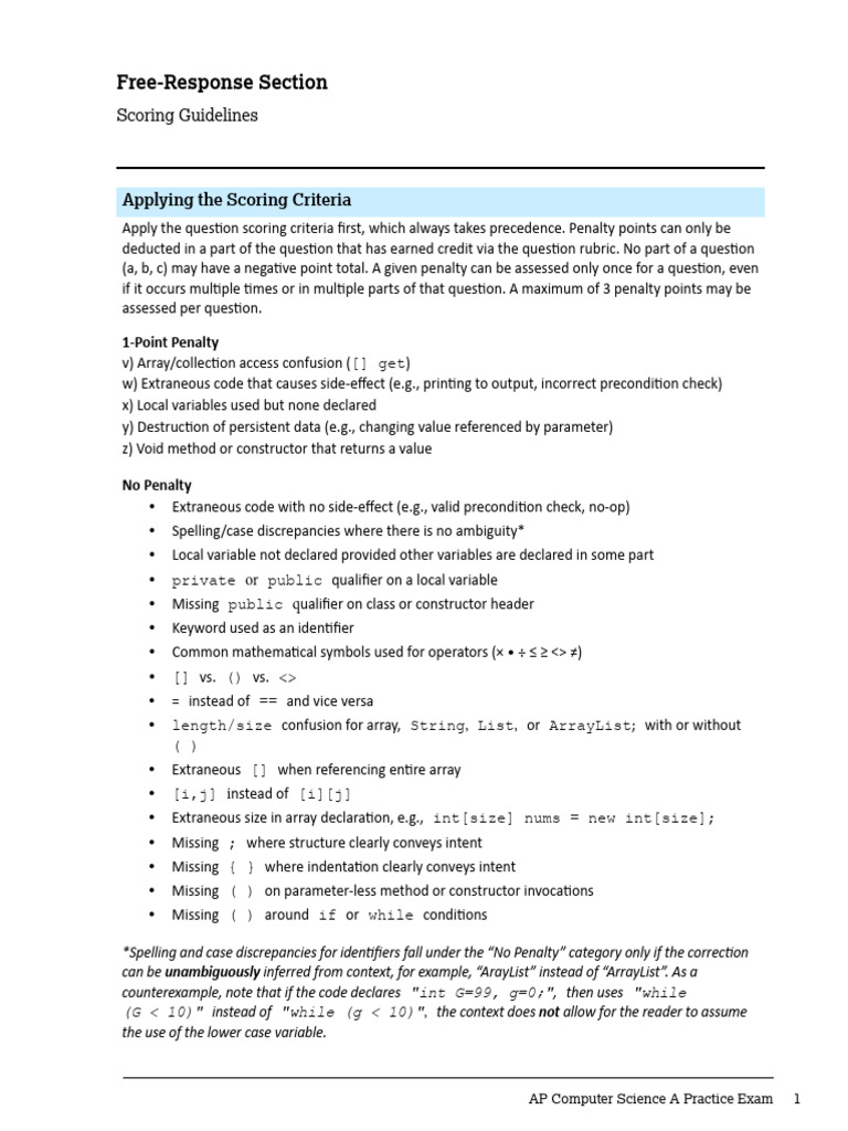 AP Computer Science A 2020 Practice Exam FRQ Scoring Guidelines | PDF ...