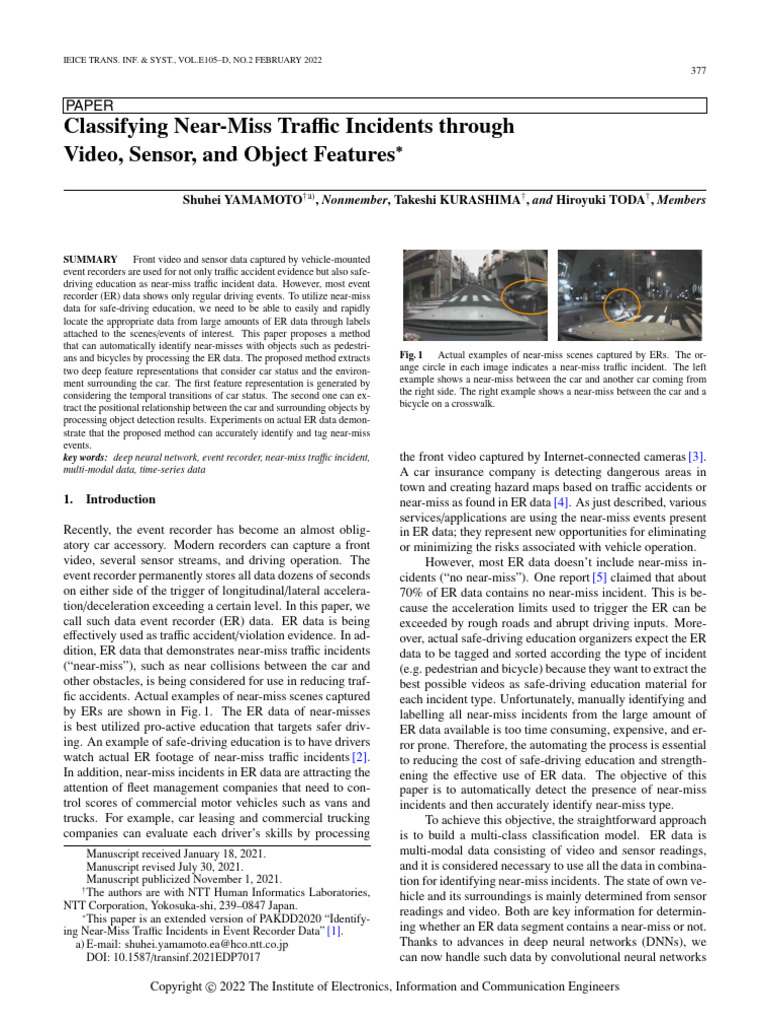 Classifying Near Miss Traffic Incidents Through Video Sensor And