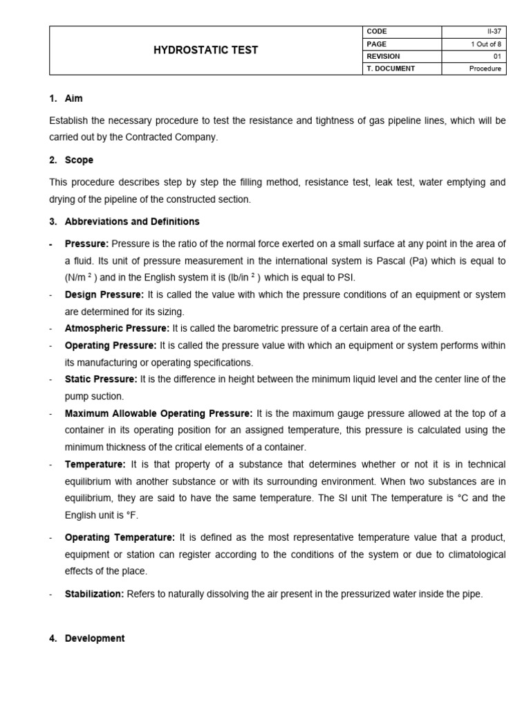 Hydrostatic Test Procedure | PDF | Pressure | Pressure Measurement