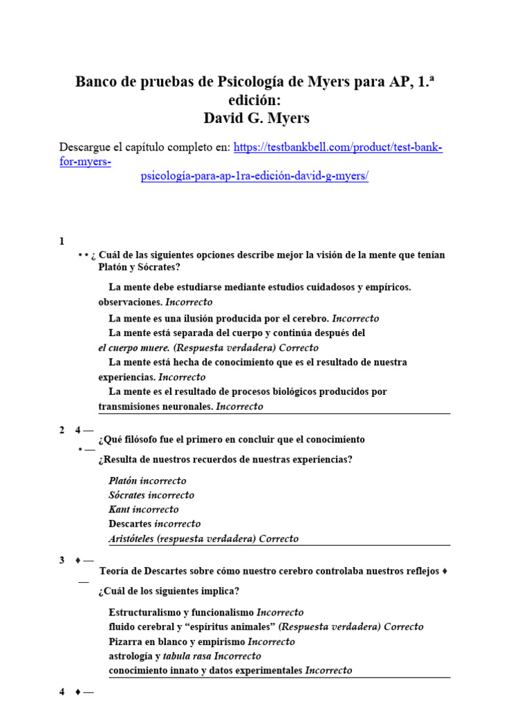 Banco de Pruebas para Myers Psicología para AP 1.a Edición David G Myers | PDF | Sicología | Mente