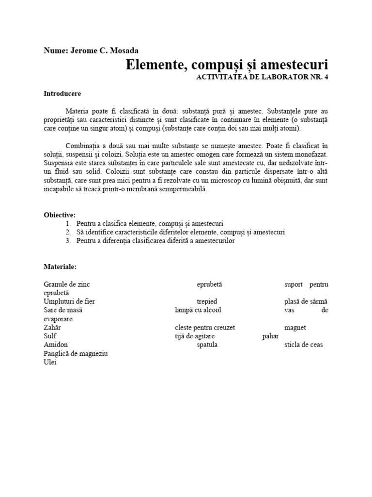 LAB ACT 4 Elemente, Compuși Și Amestecuri | PDF