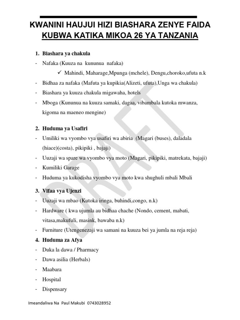 Kwanini Haujui Hizi Biashara Zenye Faida Kubwa Katika Mikoa 26 Ya Tanzania | PDF