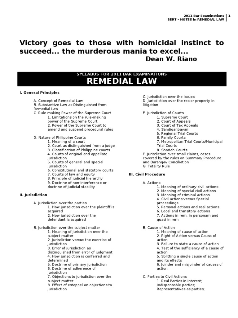 2011 Notes in Remedial Law | PDF | Evidence (Law) | Lawsuit