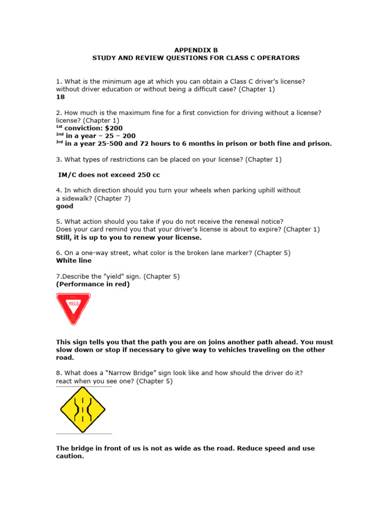 Class C Driver License Study Questions | PDF | Traffic | Lane