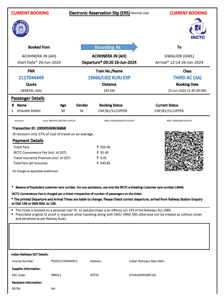 IRCTC Train Booking Confirmation Details | PDF | Identity Document