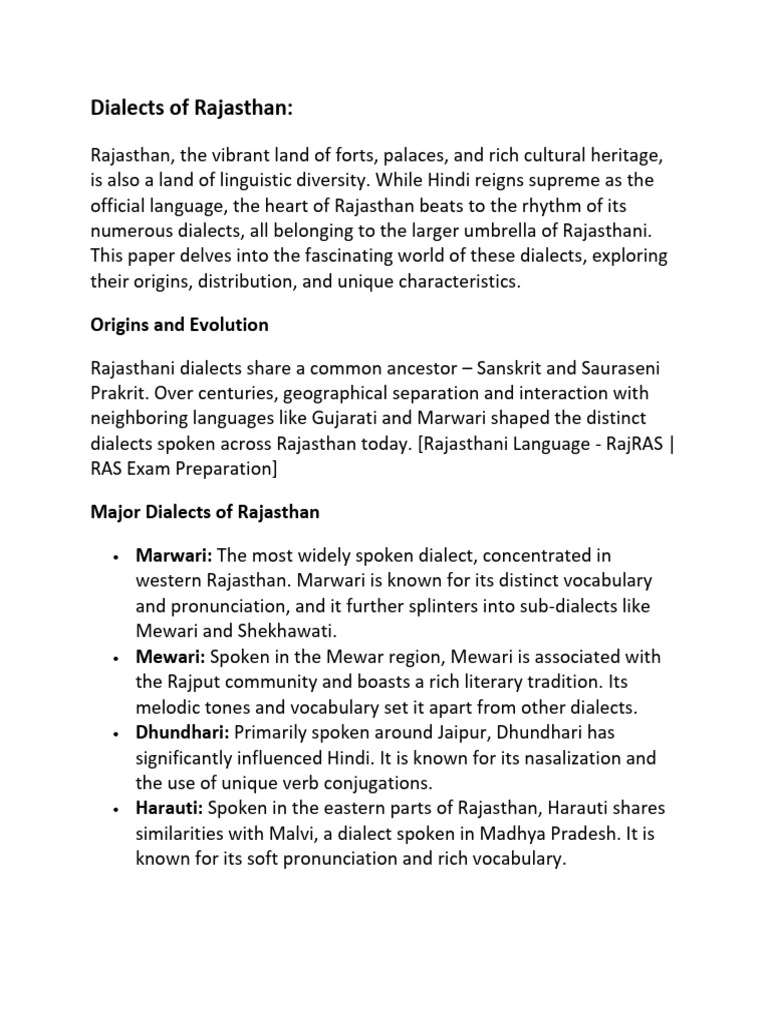 Dialects of Rajasthan Reaserch Paper | PDF | Dialect | Languages Of India