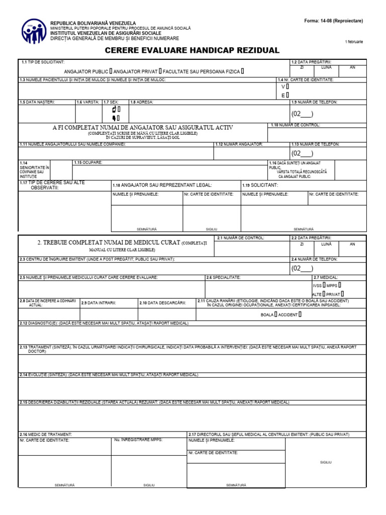 Formularul 14-08 Cerere Pentru Evaluarea Handicapului Rezidual | PDF