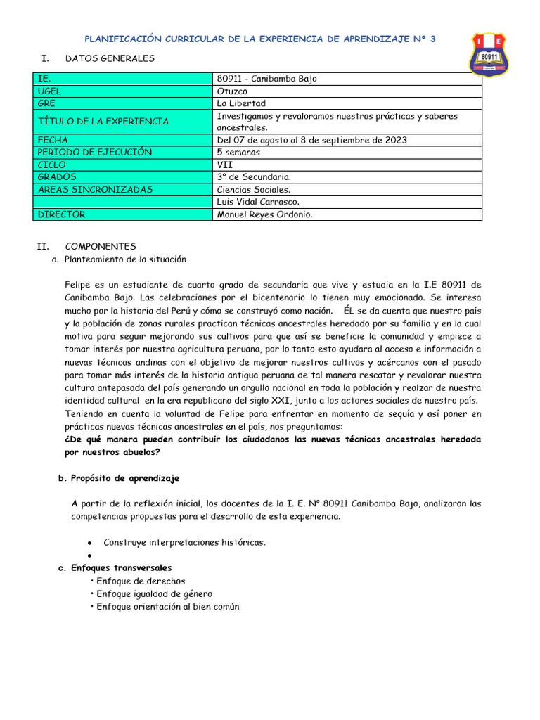 Planificacion Curricula De Experiencia 3 3 Secundaria Ccss Pdf