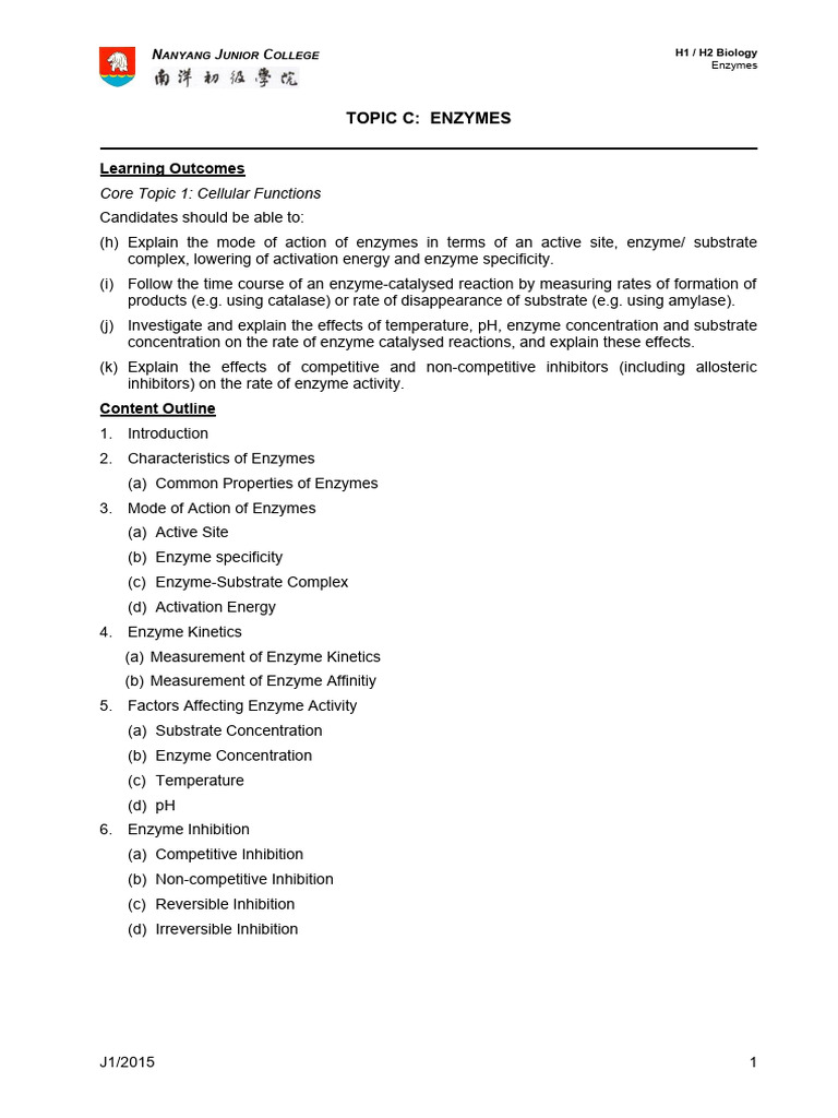 Topic C Enzymes H1H2 2015 | PDF | Enzyme Inhibitor | Enzyme