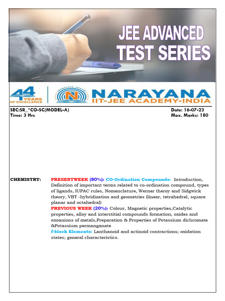 JEE Advanced Chemistry Test | PDF | Coordination Complex | Ligand
