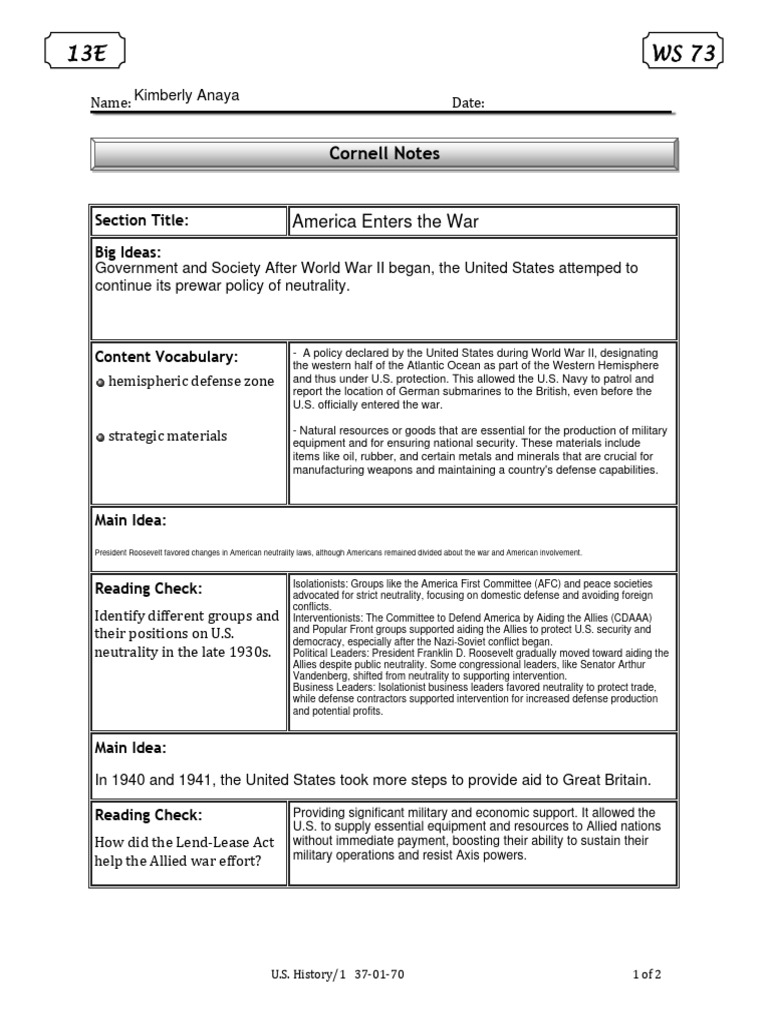 Cornell Notes: America Enters The War | PDF | Allies Of World War II ...