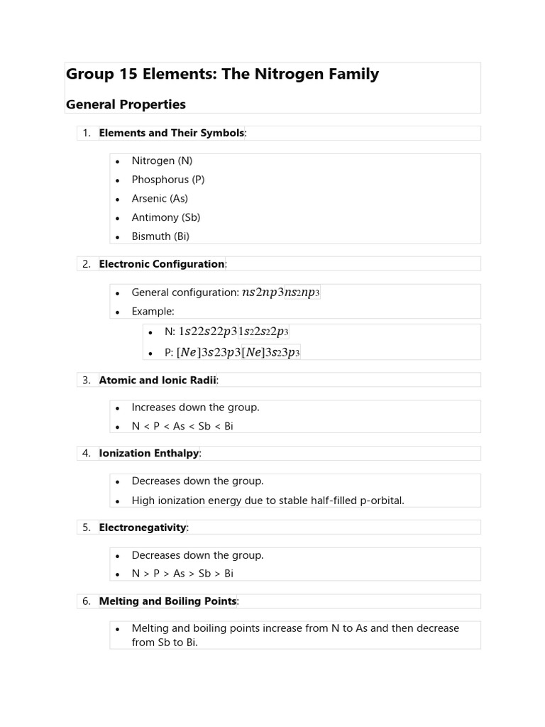 Nitrogen Family: Group 15 Overview | PDF | Nitrogen | Phosphorus