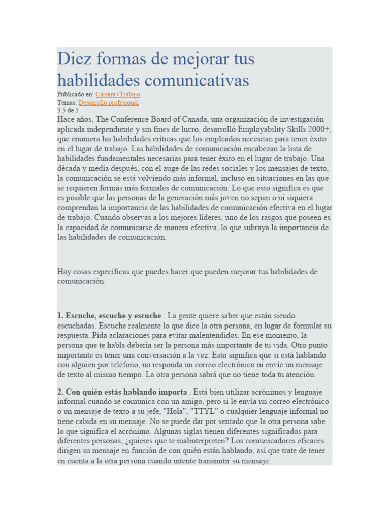 Diez Formas de Mejorar Tus Habilidades Comunicativas | PDF ...
