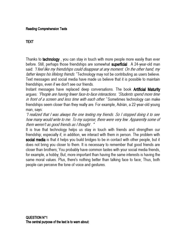 Reading Comprehension Text Technology | PDF | Friendship | Social Media