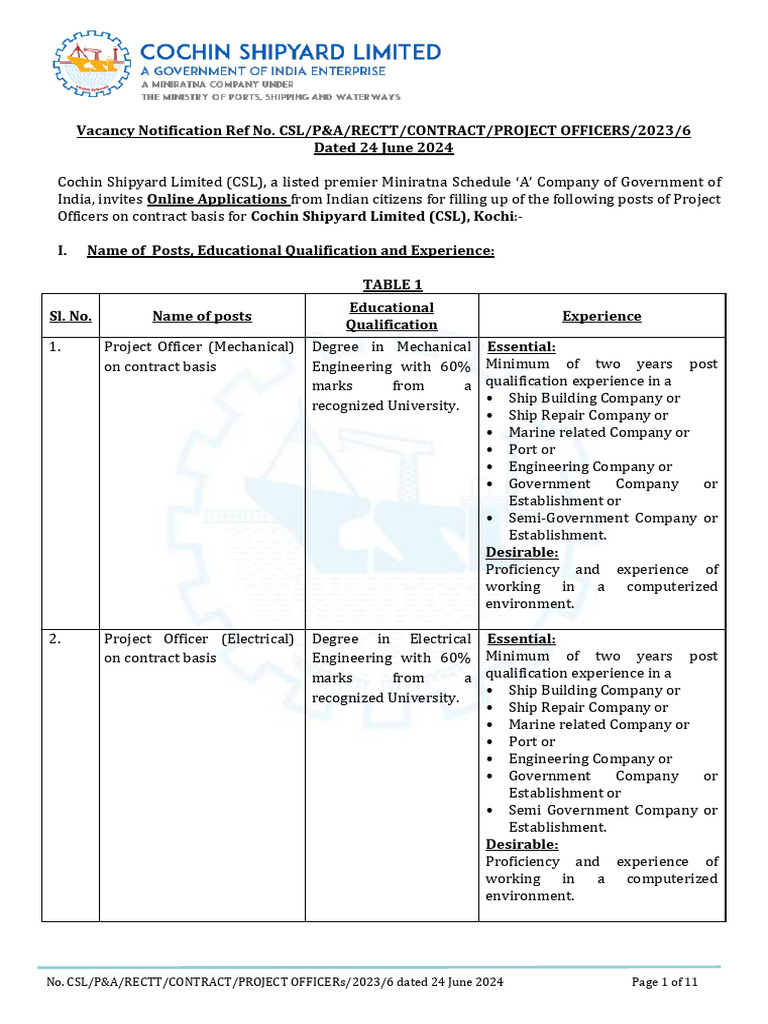 Notification Cochin Shipyard LTD Project Officer Posts | PDF | Magistrate